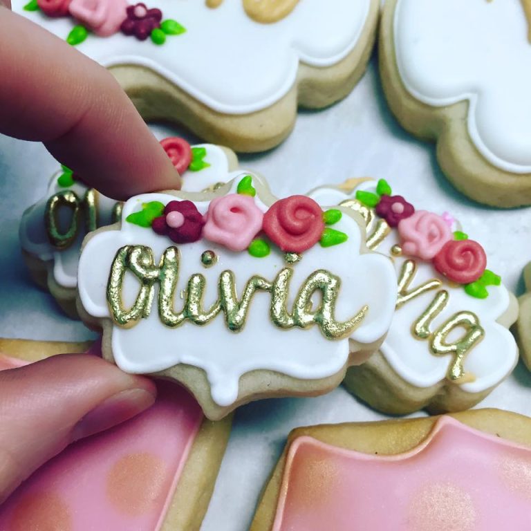 Mini Gold and floral name cookie set of 36 - Hayley Cakes and Cookies ...